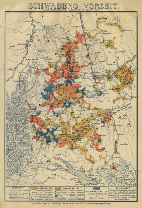 SCHWABEN. - Karte. - "Schwabens Vorzeit. Archäologische Uebersichtskarte".