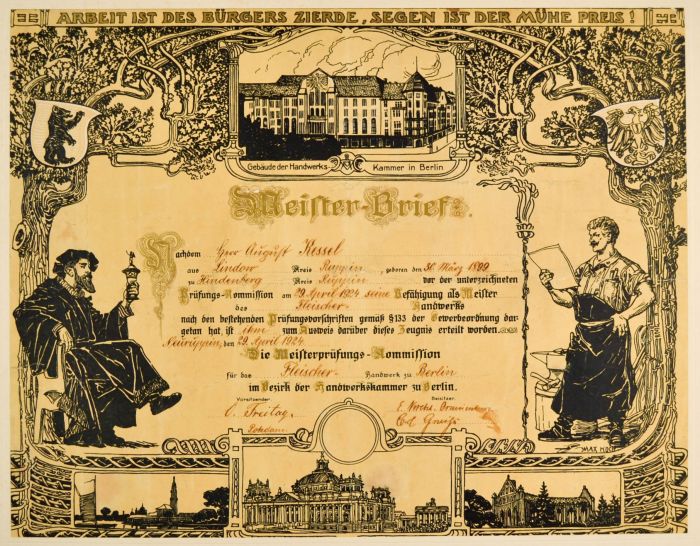 METZGER. - Meisterbrief. - "Meister-Brief" für August Kessel aus Lindow ...