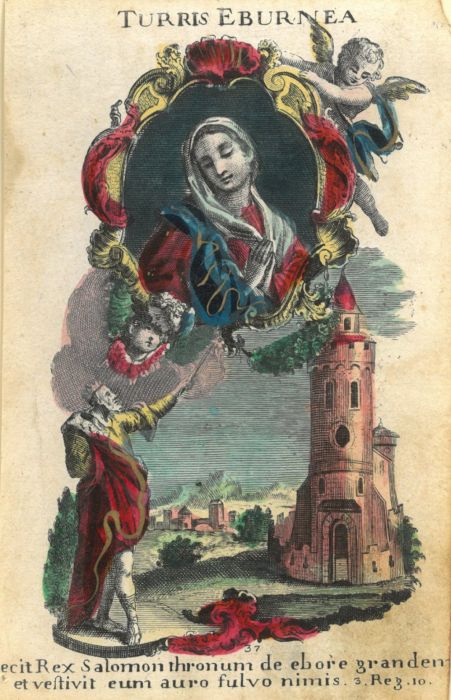 MARIA. - Orans. - "Turris Eburnea". Brustbild der Maria orans mit ...