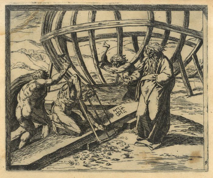 ARCHE NOAH. - Noah überwacht den Bau der Arche. Drei Männer bearbeiten ...